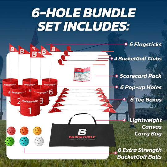 BucketGolf Bundle | Play golf anywhere portable golf course + clubs